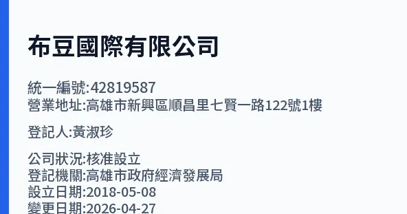 布豆國際有限公司的照片-統編 42819587(高雄市) 公司登記資料與營業項目詳細圖表
