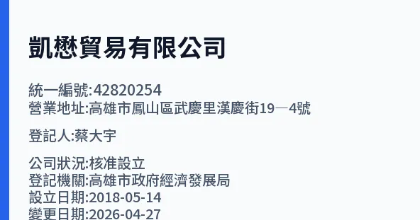 凱懋貿易有限公司的照片-統編 42820254(高雄市) 公司登記資料與營業項目詳細圖表