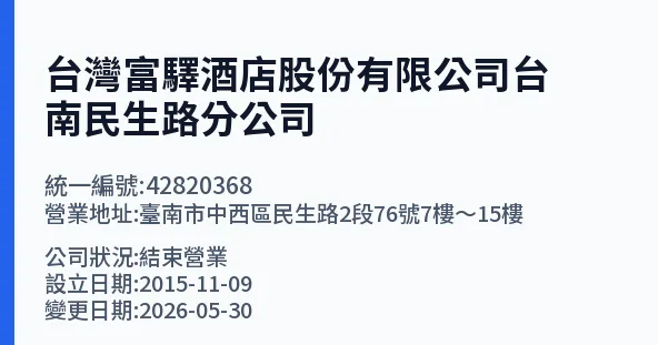 台灣富驛酒店股份有限公司台南民生路分公司的照片-統編 42820368(臺南市) 公司登記資料與營業項目詳細圖表