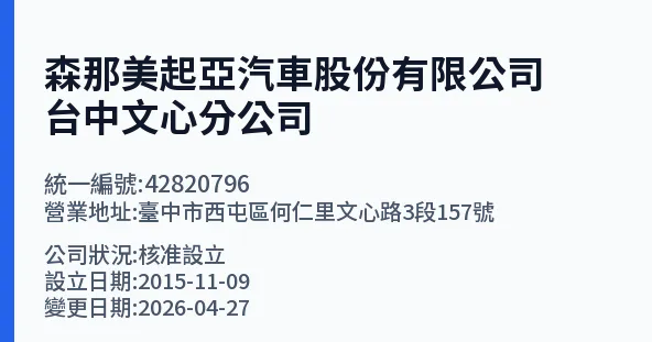 森那美起亞汽車股份有限公司台中文心分公司的照片-統編 42820796(臺中市) 公司登記資料與營業項目詳細圖表