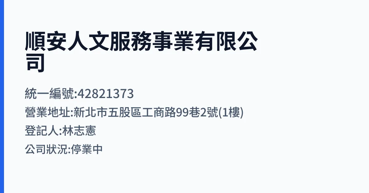 順安人文服務事業有限公司 - 統編 42821373(新北市) 公司登記資料與營業項目詳細圖表