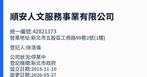 順安人文服務事業有限公司的照片-統編 42821373(新北市) 公司登記資料與營業項目詳細圖表