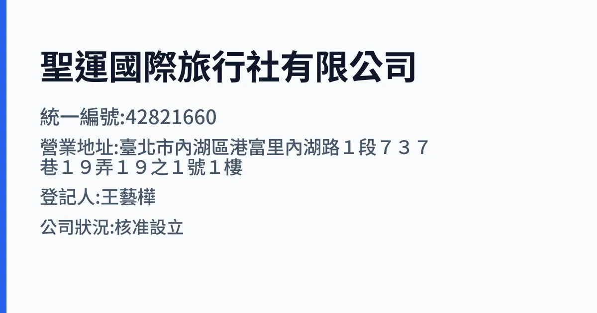 聖運國際旅行社有限公司 - 統編 42821660(臺北市) 公司登記資料與營業項目詳細圖表