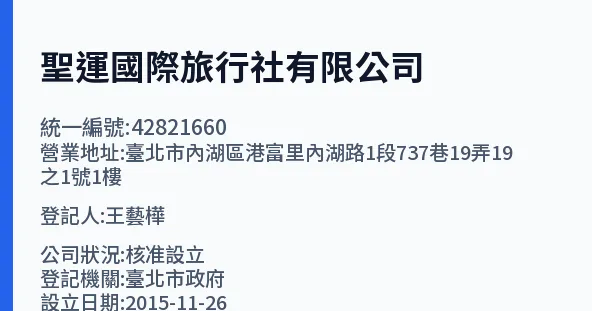 聖運國際旅行社有限公司的照片-統編 42821660(臺北市) 公司登記資料與營業項目詳細圖表