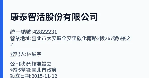 康泰智活股份有限公司的照片-統編 42822231(臺北市) 公司登記資料與營業項目詳細圖表