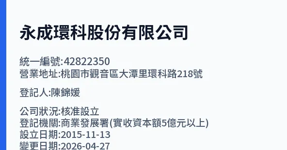 永成環科股份有限公司的照片-統編 42822350(桃園市) 公司登記資料與營業項目詳細圖表