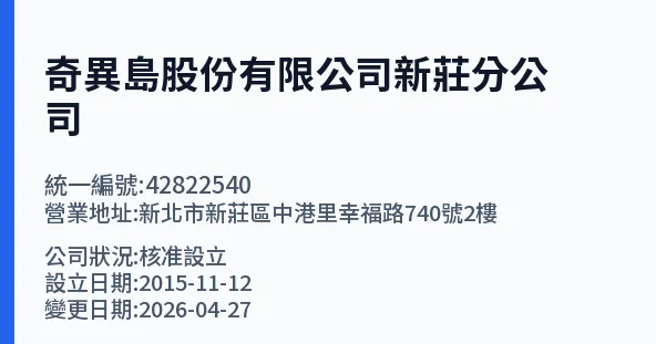 奇異島股份有限公司新莊分公司的照片-統編 42822540(新北市) 公司登記資料與營業項目詳細圖表