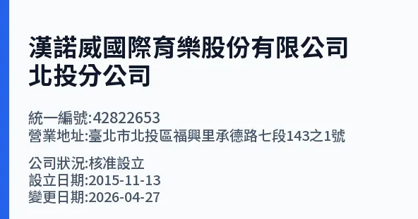 漢諾威國際育樂股份有限公司北投分公司的照片-統編 42822653(臺北市) 公司登記資料與營業項目詳細圖表