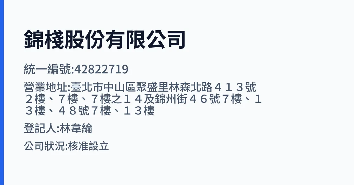 錦棧股份有限公司 - 統編 42822719(臺北市) 公司登記資料與營業項目詳細圖表