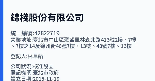 錦棧股份有限公司的照片-統編 42822719(臺北市) 公司登記資料與營業項目詳細圖表