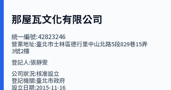 那屋瓦文化有限公司的照片-統編 42823246(臺北市) 公司登記資料與營業項目詳細圖表