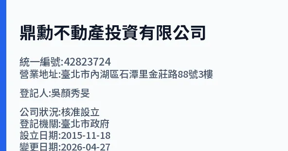 鼎勳不動產投資有限公司的照片-統編 42823724(臺北市) 公司登記資料與營業項目詳細圖表