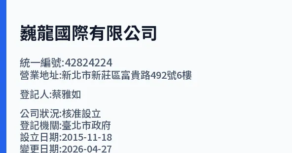 巍龍國際有限公司的照片-統編 42824224(新北市) 公司登記資料與營業項目詳細圖表