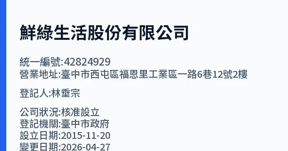 鮮綠生活股份有限公司的照片-統編 42824929(臺中市) 公司登記資料與營業項目詳細圖表