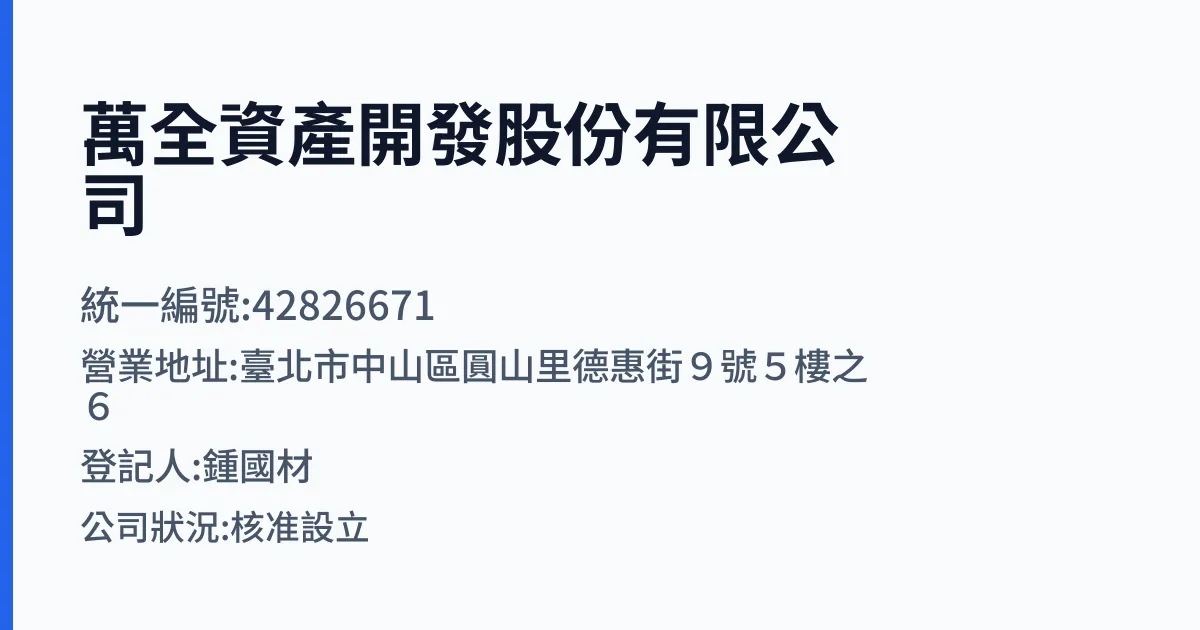 萬全資產開發股份有限公司 - 統編 42826671(臺北市) 公司登記資料與營業項目詳細圖表
