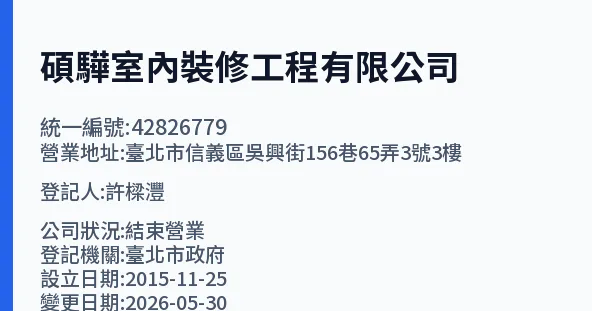 碩驊室內裝修工程有限公司的照片-統編 42826779(臺北市) 公司登記資料與營業項目詳細圖表