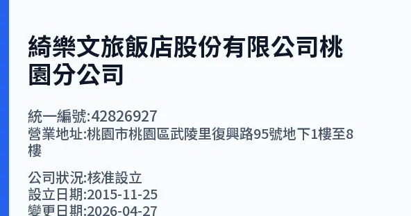 綺樂文旅飯店股份有限公司桃園分公司的照片-統編 42826927(桃園市) 公司登記資料與營業項目詳細圖表