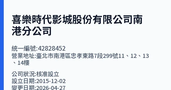 喜樂時代影城股份有限公司南港分公司的照片-統編 42828452(臺北市) 公司登記資料與營業項目詳細圖表