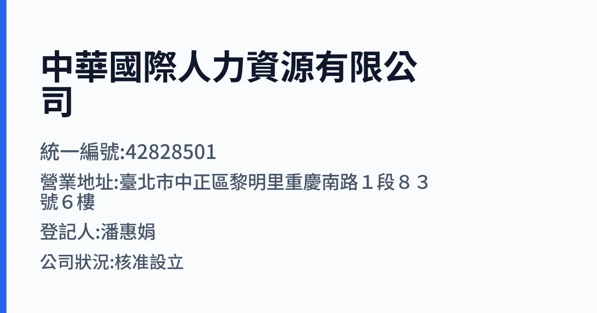 中華國際人力資源有限公司 - 統編 42828501(臺北市) 公司登記資料與營業項目詳細圖表