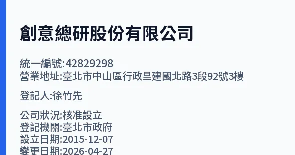 創意總研股份有限公司的照片-統編 42829298(臺北市) 公司登記資料與營業項目詳細圖表