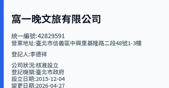 窩一晚文旅有限公司的照片-統編 42829591(臺北市) 公司登記資料與營業項目詳細圖表