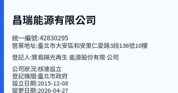 昌瑞能源有限公司的照片-統編 42830295(臺北市) 公司登記資料與營業項目詳細圖表