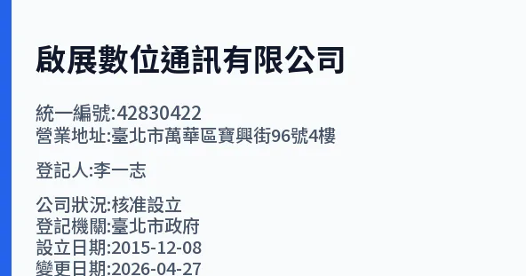 啟展數位通訊有限公司的照片-統編 42830422(臺北市) 公司登記資料與營業項目詳細圖表