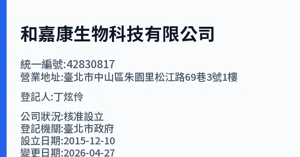 和嘉康生物科技有限公司的照片-統編 42830817(臺北市) 公司登記資料與營業項目詳細圖表