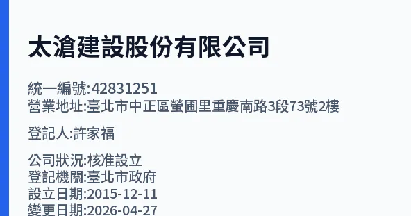 太滄建設股份有限公司的照片-統編 42831251(臺北市) 公司登記資料與營業項目詳細圖表