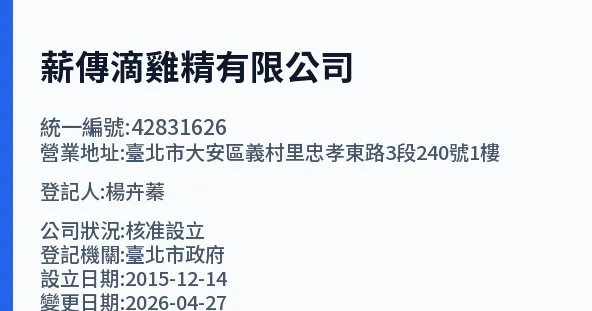 薪傳滴雞精有限公司的照片-統編 42831626(臺北市) 公司登記資料與營業項目詳細圖表