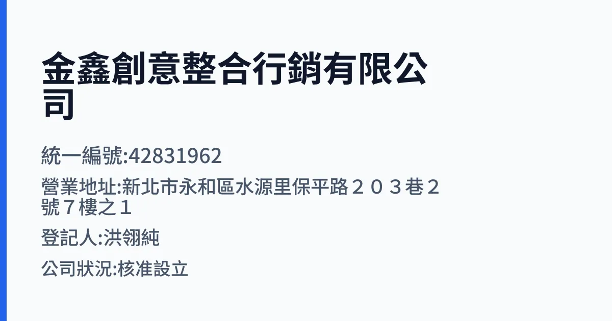 金鑫創意整合行銷有限公司 - 統編 42831962(新北市) 公司登記資料與營業項目詳細圖表