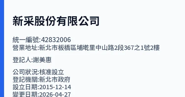 新采股份有限公司的照片-統編 42832006(新北市) 公司登記資料與營業項目詳細圖表