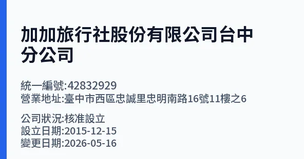 加加旅行社股份有限公司台中分公司的照片-統編 42832929(臺中市) 公司登記資料與營業項目詳細圖表