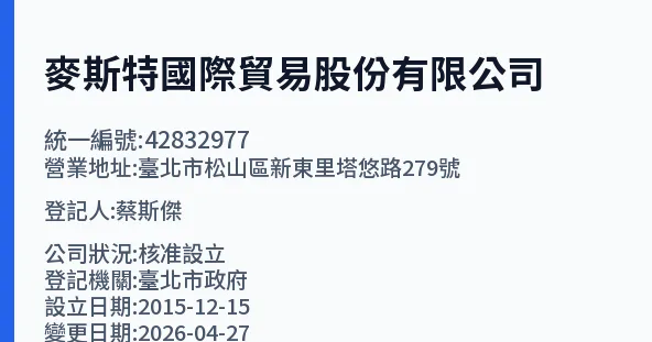麥斯特國際貿易股份有限公司的照片-統編 42832977(臺北市) 公司登記資料與營業項目詳細圖表