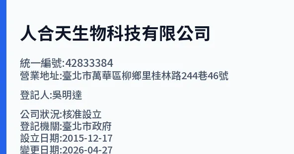 人合天生物科技有限公司的照片-統編 42833384(臺北市) 公司登記資料與營業項目詳細圖表