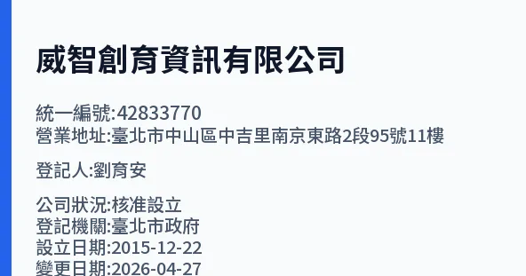 威智創育資訊有限公司的照片-統編 42833770(臺北市) 公司登記資料與營業項目詳細圖表