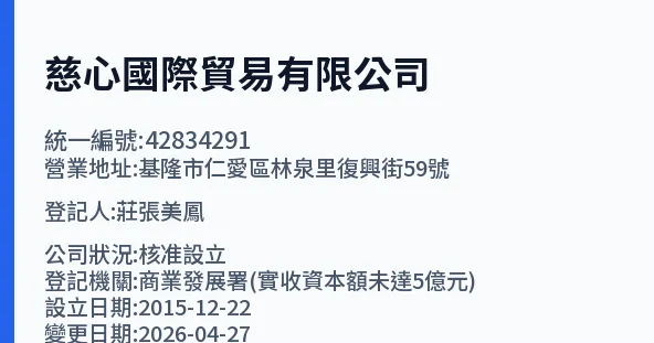慈心國際貿易有限公司的照片-統編 42834291(基隆市) 公司登記資料與營業項目詳細圖表