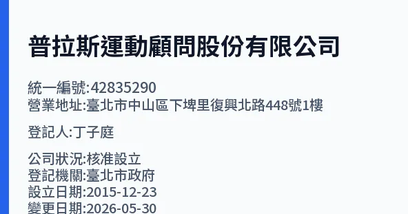 普拉斯運動顧問股份有限公司的照片-統編 42835290(臺北市) 公司登記資料與營業項目詳細圖表