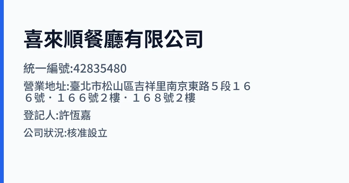 喜來順餐廳有限公司 - 統編 42835480(臺北市) 公司登記資料與營業項目詳細圖表