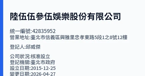 陸伍伍參伍娛樂股份有限公司的照片-統編 42835952(臺北市) 公司登記資料與營業項目詳細圖表