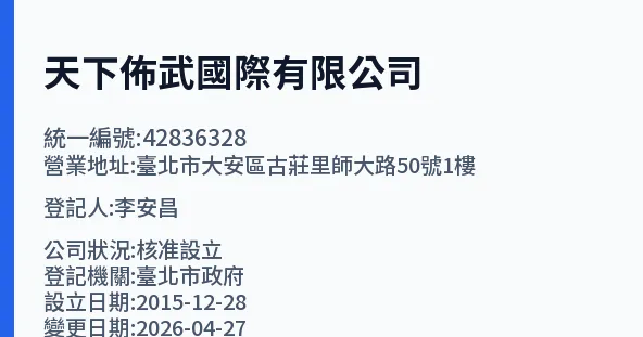 天下佈武國際有限公司的照片-統編 42836328(臺北市) 公司登記資料與營業項目詳細圖表