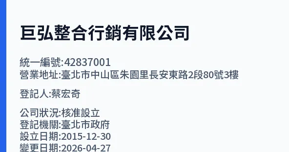 巨弘整合行銷有限公司的照片-統編 42837001(臺北市) 公司登記資料與營業項目詳細圖表