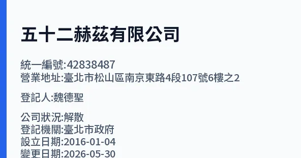 五十二赫茲有限公司的照片-統編 42838487(臺北市) 公司登記資料與營業項目詳細圖表