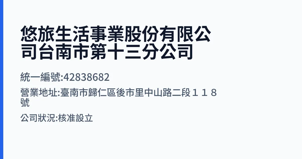 悠旅生活事業股份有限公司台南市第十三分公司 - 統編 42838682(臺南市) 公司登記資料與營業項目詳細圖表