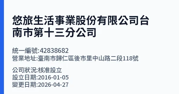 悠旅生活事業股份有限公司台南市第十三分公司的照片-統編 42838682(臺南市) 公司登記資料與營業項目詳細圖表