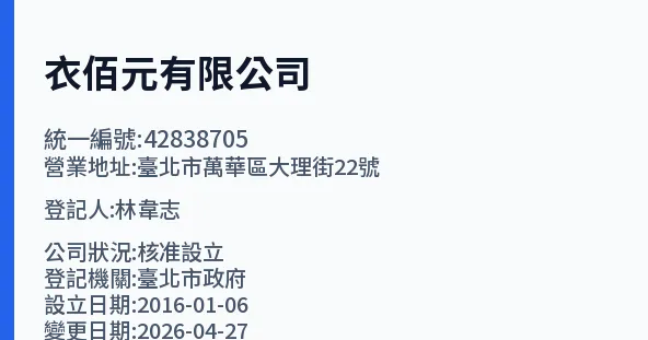 衣佰元有限公司的照片-統編 42838705(臺北市) 公司登記資料與營業項目詳細圖表