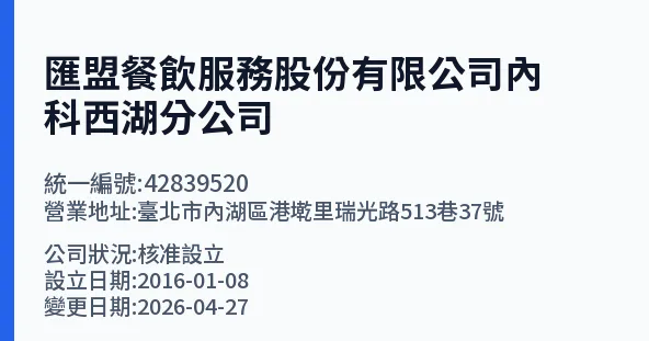 匯盟餐飲服務股份有限公司內科西湖分公司的照片-統編 42839520(臺北市) 公司登記資料與營業項目詳細圖表