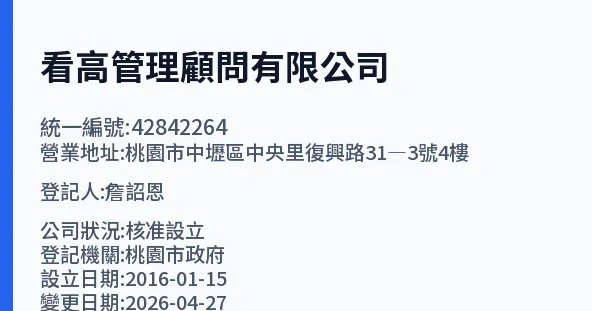看高管理顧問有限公司的照片-統編 42842264(桃園市) 公司登記資料與營業項目詳細圖表