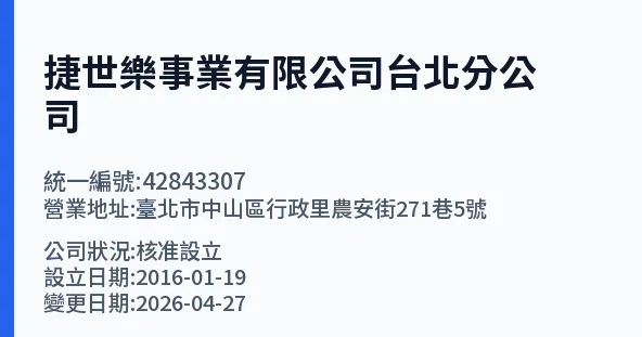 捷世樂事業有限公司台北分公司的照片-統編 42843307(臺北市) 公司登記資料與營業項目詳細圖表