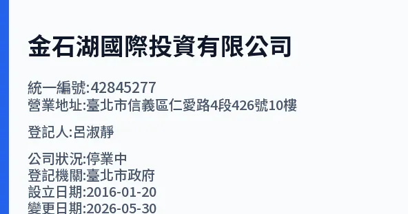 金石湖國際投資有限公司的照片-統編 42845277(臺北市) 公司登記資料與營業項目詳細圖表